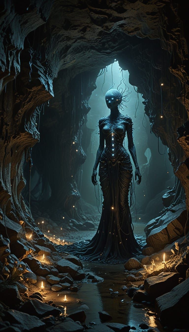 Ethereal Midnight Beast in Ancient Cave - AI Art