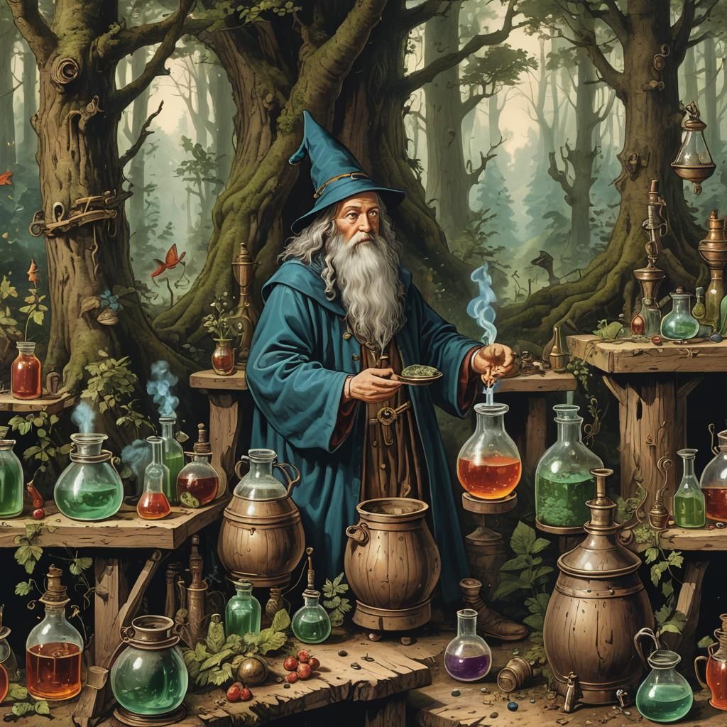 Wizard brewing potions in a hidden forest - AI Generated Artwork ...