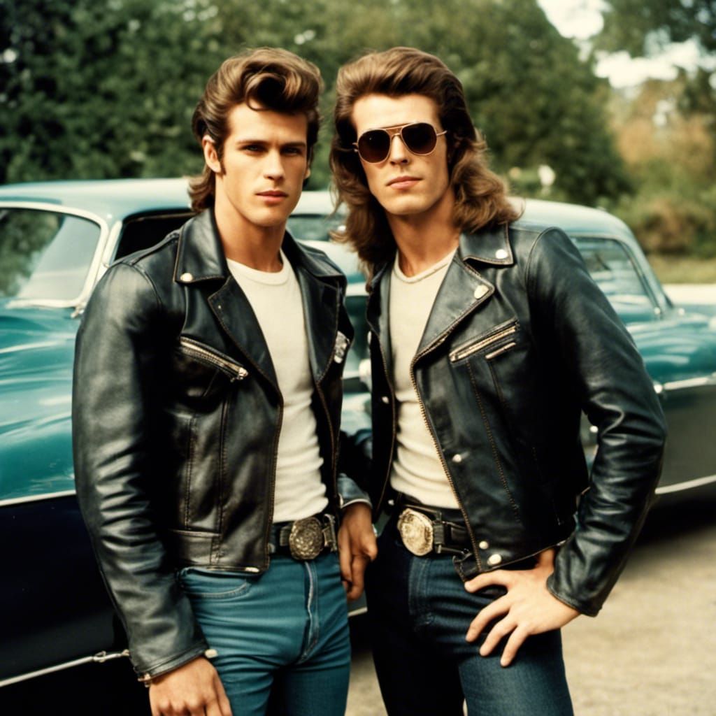a 1950s Greaser young man wearing a black leather jacket and 1970s bell ...