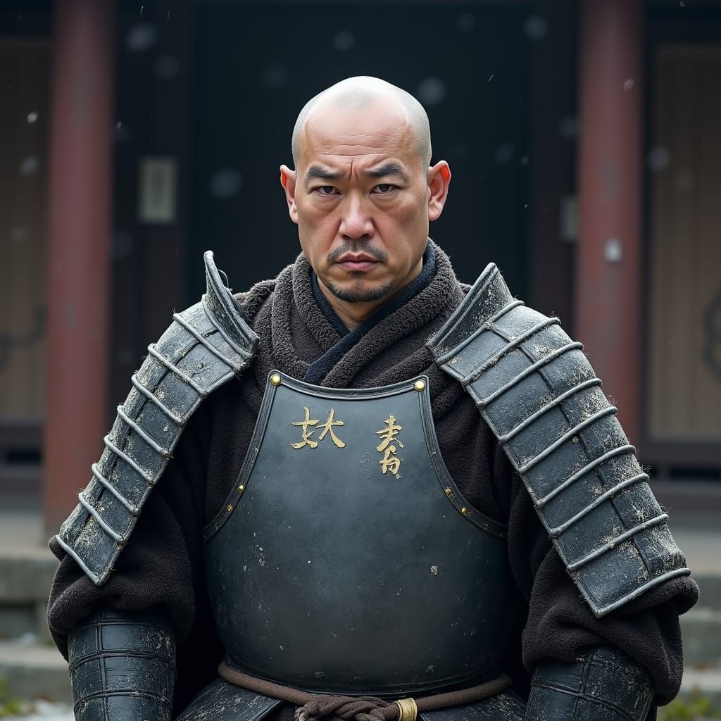 Asian middle-aged bald man wearing gray and black samurai heavy armor ...