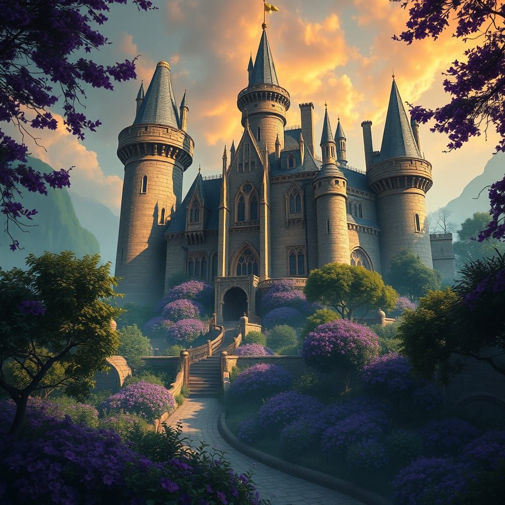 Majestic Castle Amidst Vibrant Purple Bloom - AI Art