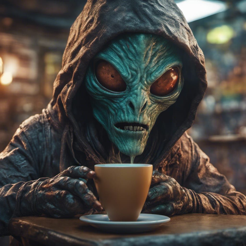 Coffee with an alien - AI Generated Artwork - NightCafe Creator
