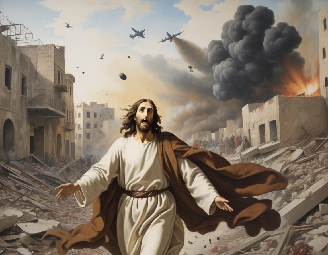 Jesus Christ fleeing from Holy Land, bombs in background and destroyed ...