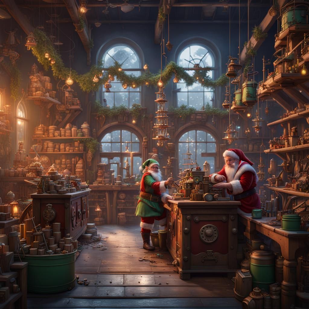 Santa's workshop factory full of elves working on toys - AI Generated ...
