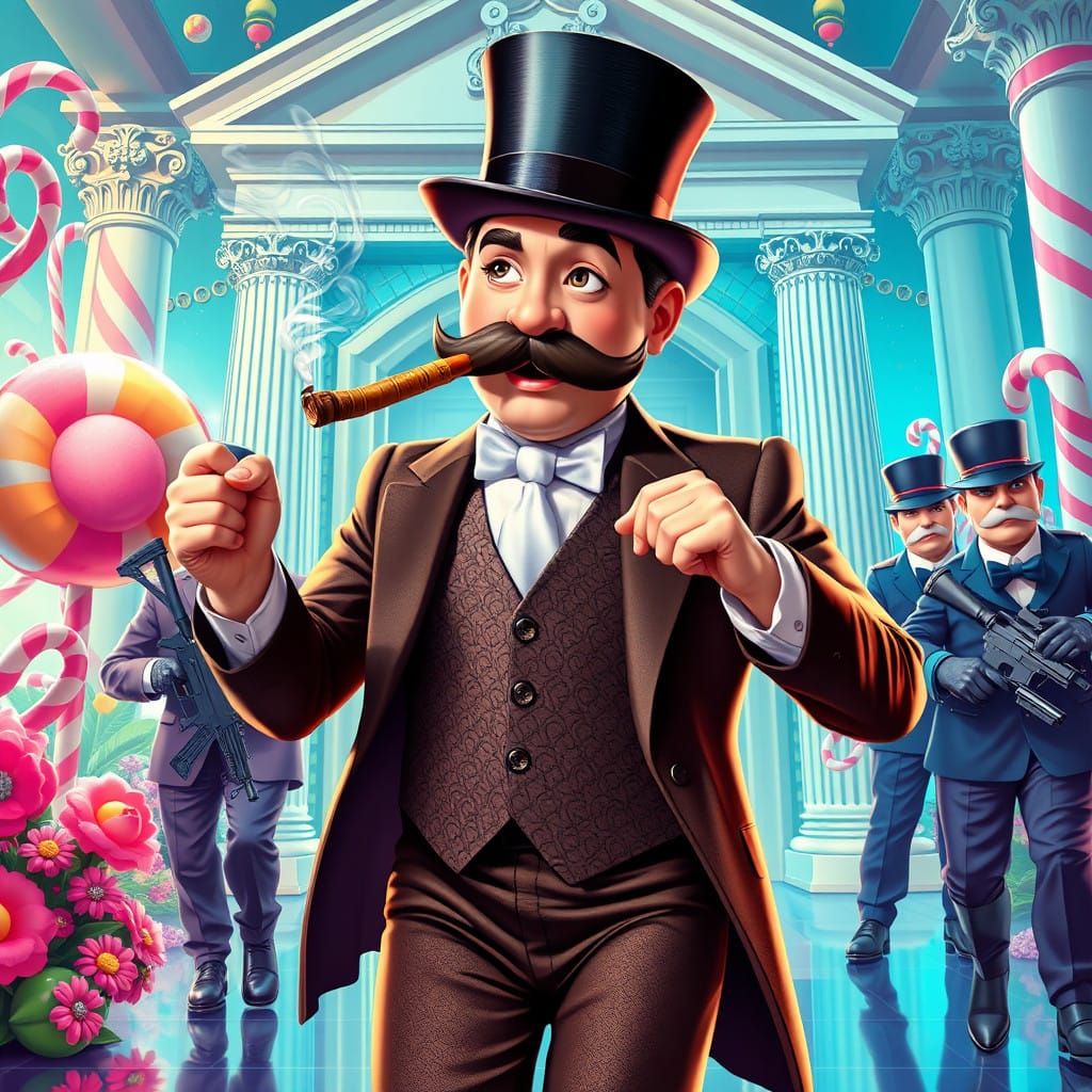 Dapper Monopoly Man Storms Bank in Candyland-Inspi... - AI Art