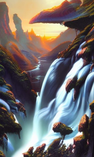 Enjoying an alien waterfall sunset - AI Generated Artwork - NightCafe ...