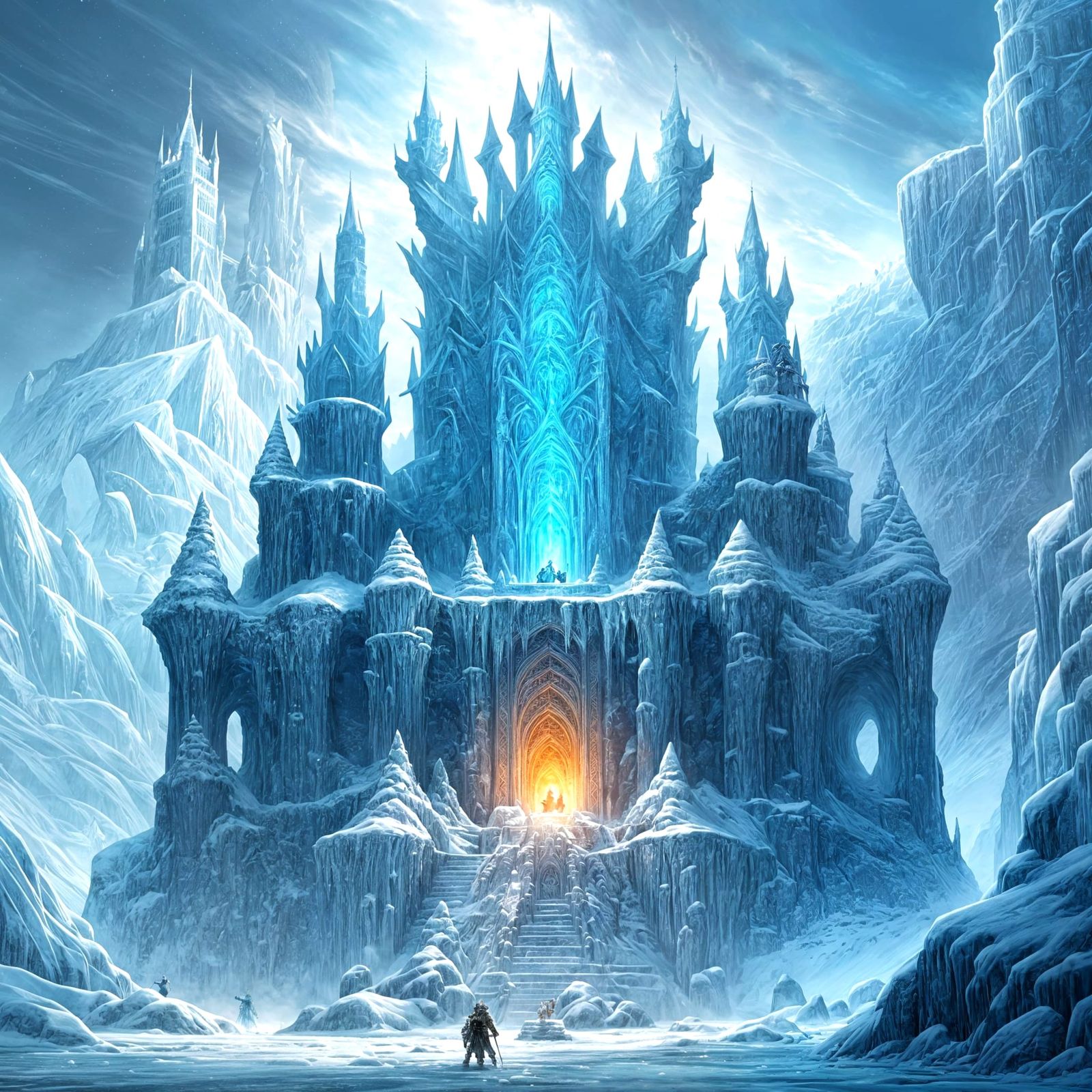 A colossal ice fortress floats atop a frozen sea, its walls glowing ...