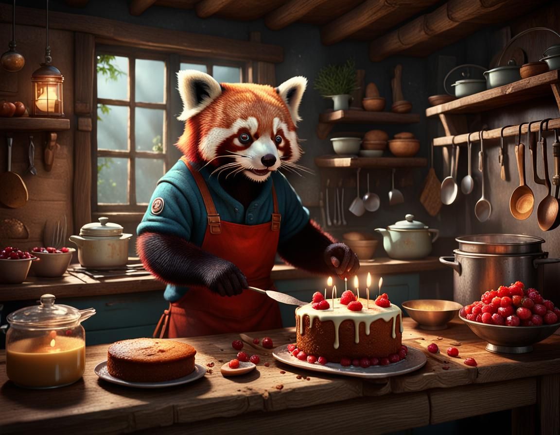 An anthropomorphic red panda baking a cake in a rustic, well lit ...