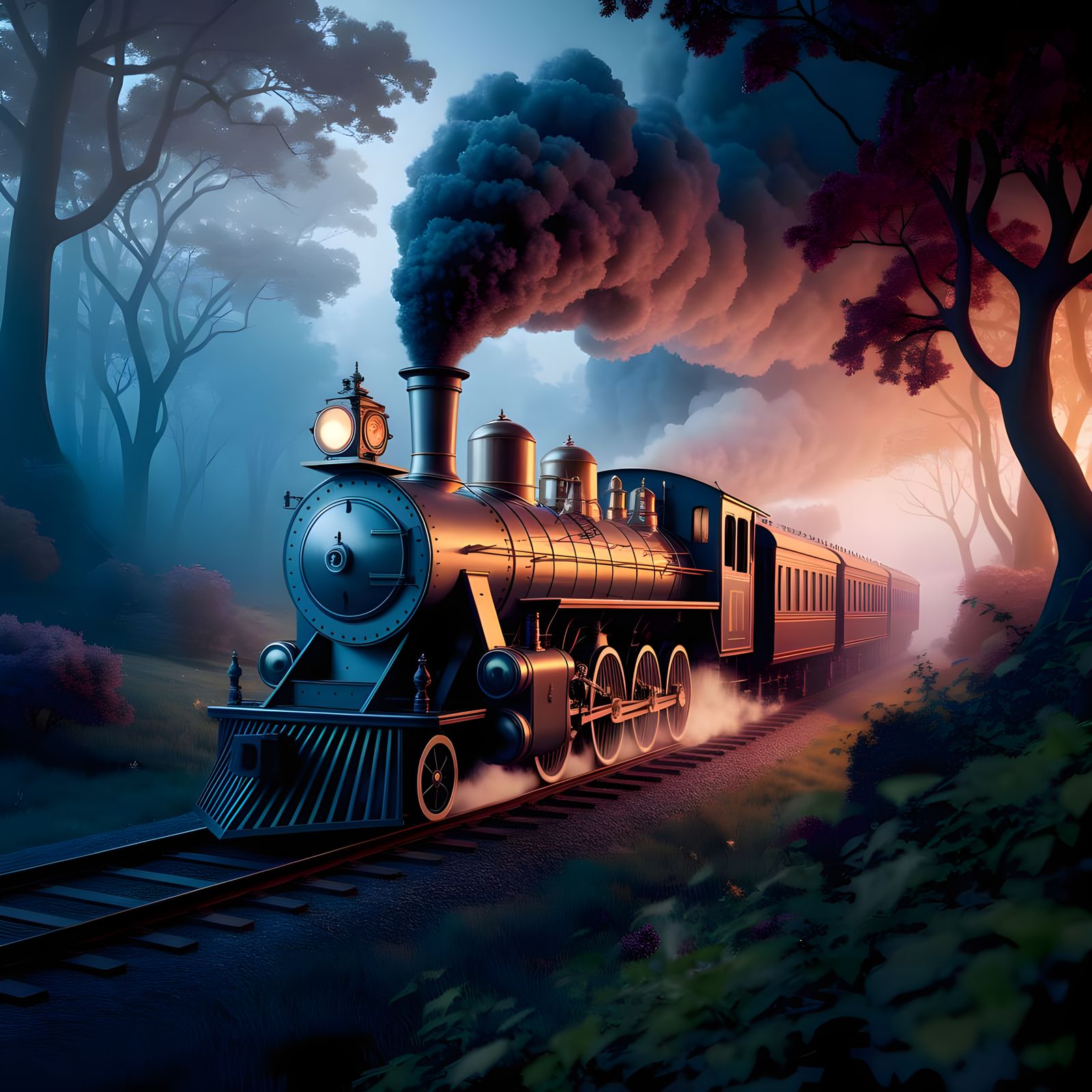 A vintage steam engine train chugging through a foggy landscape.