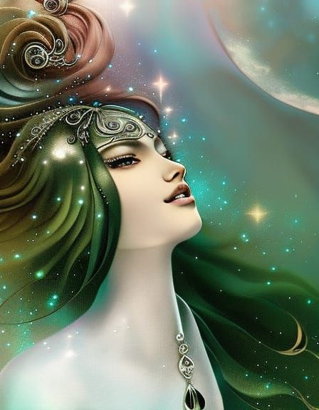 Beautiful face moon goddess smiling with detailed silver features in ...