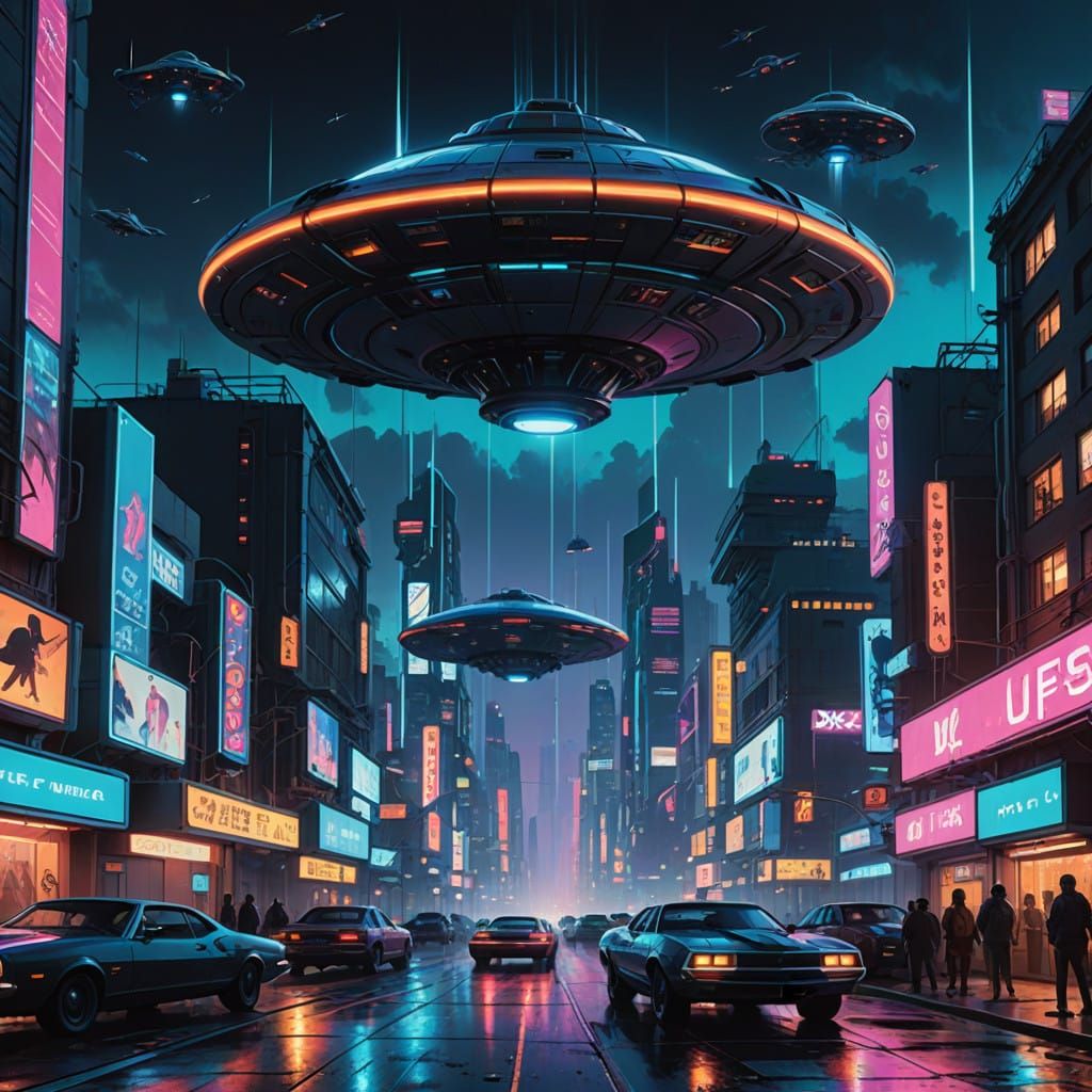 Synthwave UFO - Cyberpunk Cityscape at Dusk with Retro-Futur...