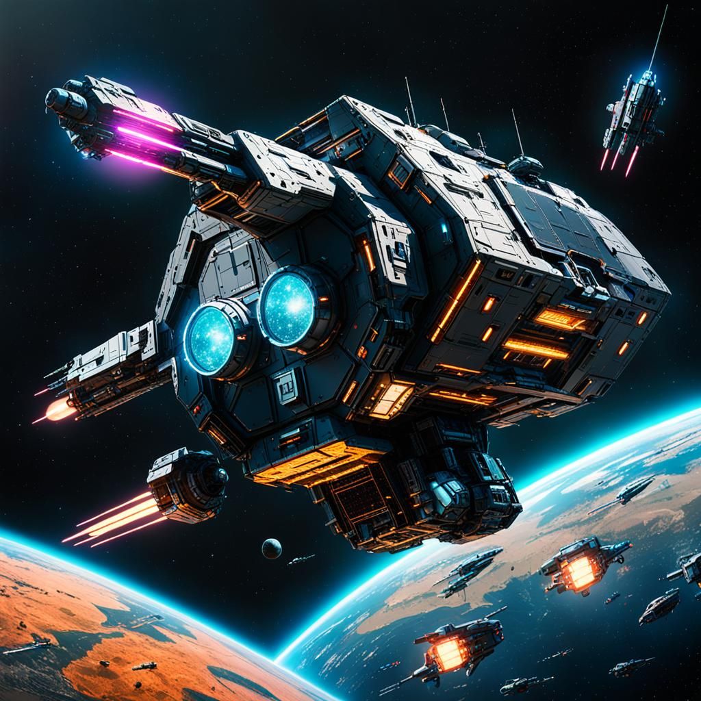 Futuristic defense satellite in space orbit in the Battletech universe ...