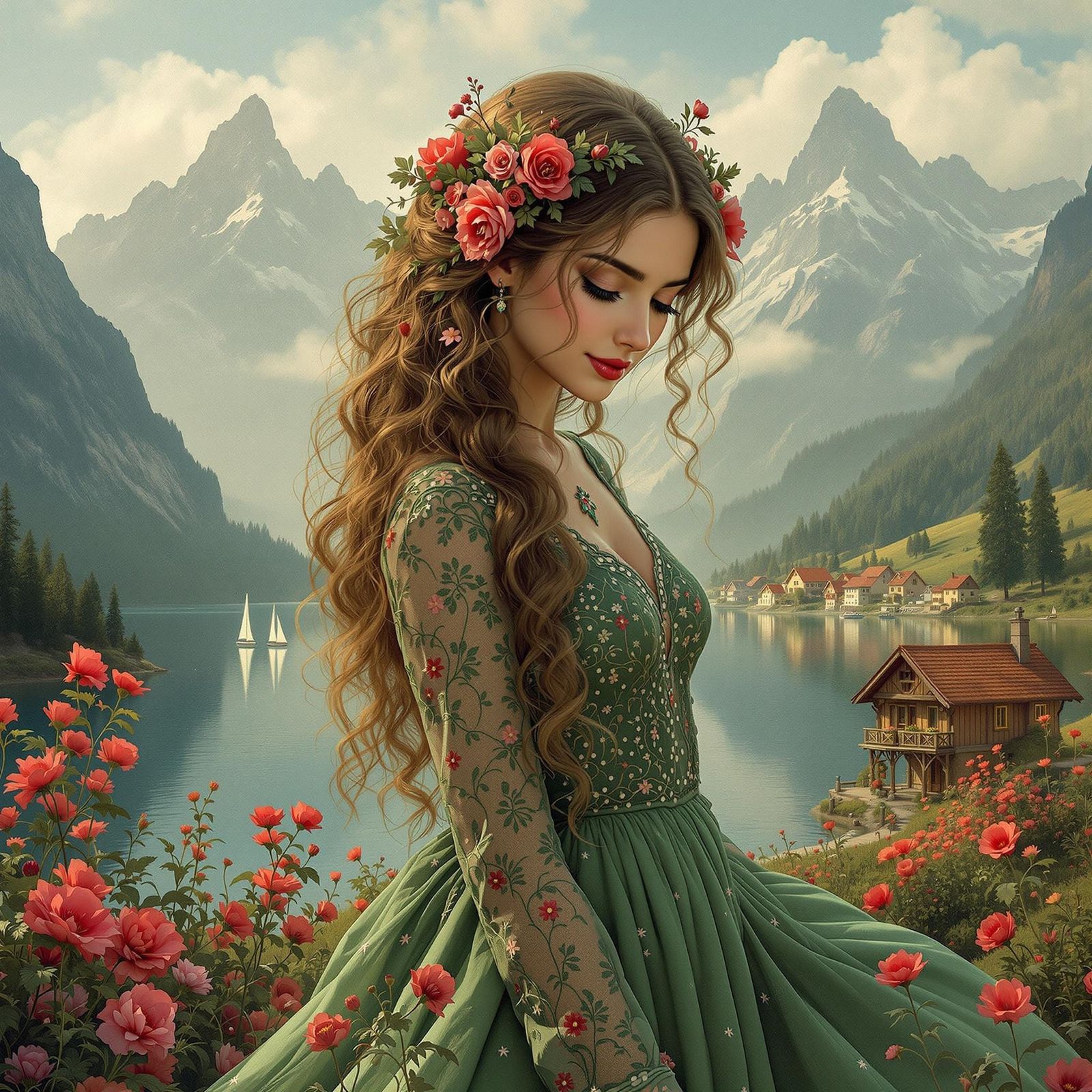 Elegant Woman in Whimsical Alpine Landscape - AI Art