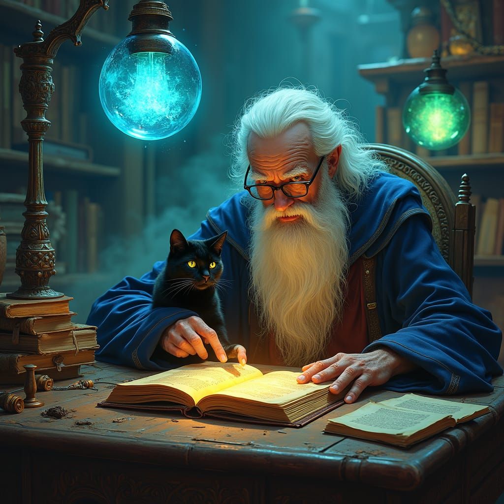 A mage and his familiar in his study