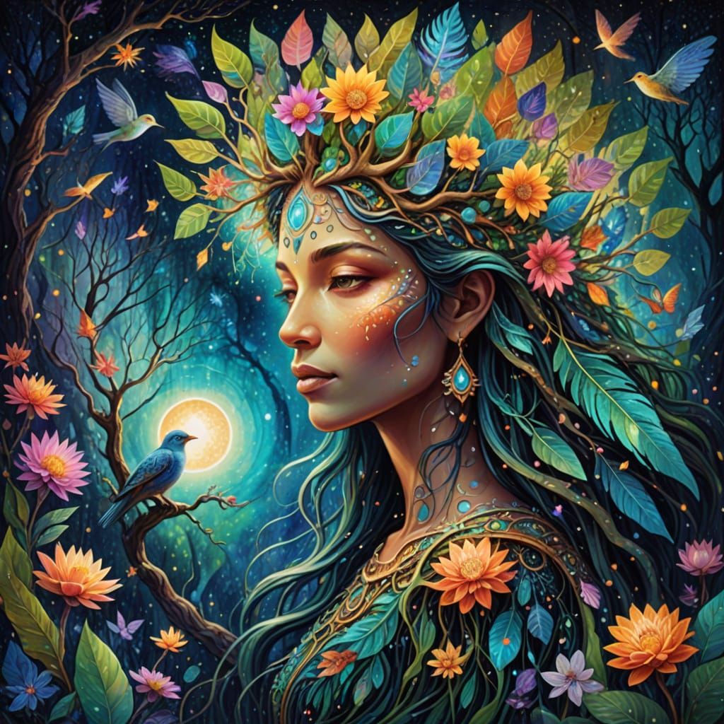 Mother Gaia in Vibrant Ethereal Forest - AI Art