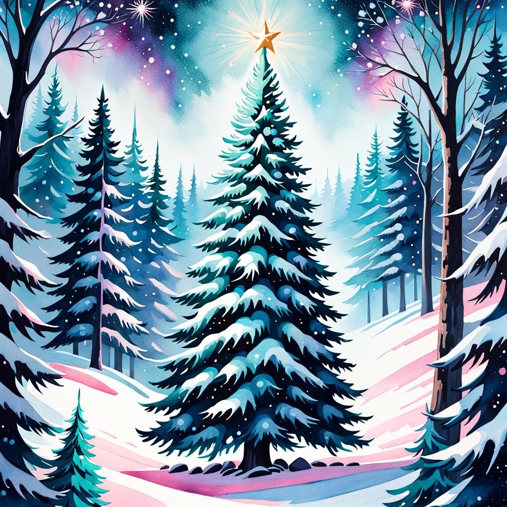 A detailed Christmas tree, by Alena Aenami, snowy trees, shiny stars ...