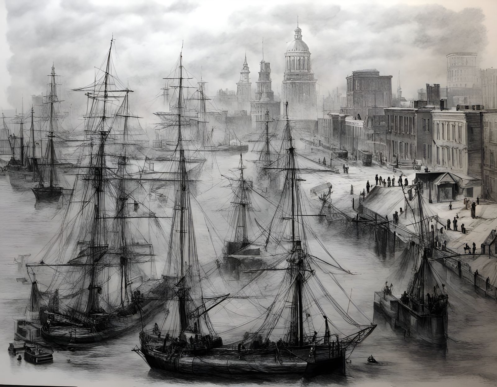 Port of Philadelphia in the winter of 1842 hyperdetailed charcoal ...