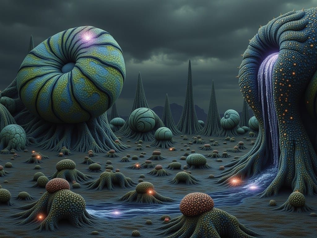 Alien Cacti on Surreal Horizons - Glowing Alien Cacti in a H...