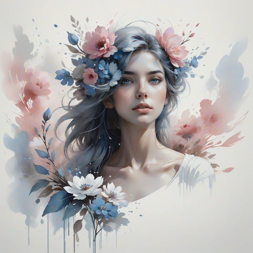 "A portrait of a young woman with a mysterious expression. Her hair is ...