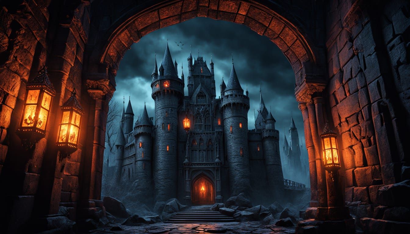 Gothic Horror Castle Scene in Vibrant Comic Book A... - AI Art
