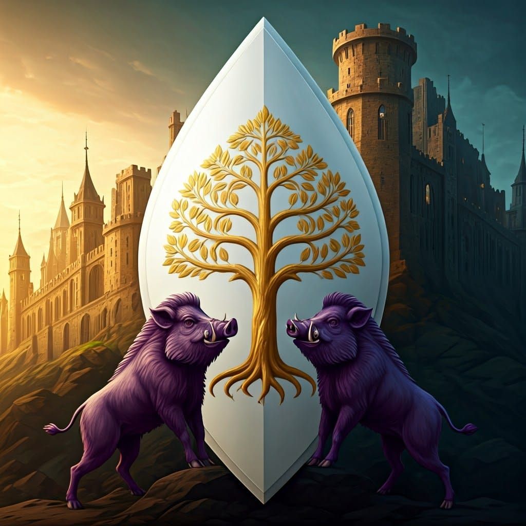 Majestic Teardrop Shield with Regal Tree and Purpl... - AI Art