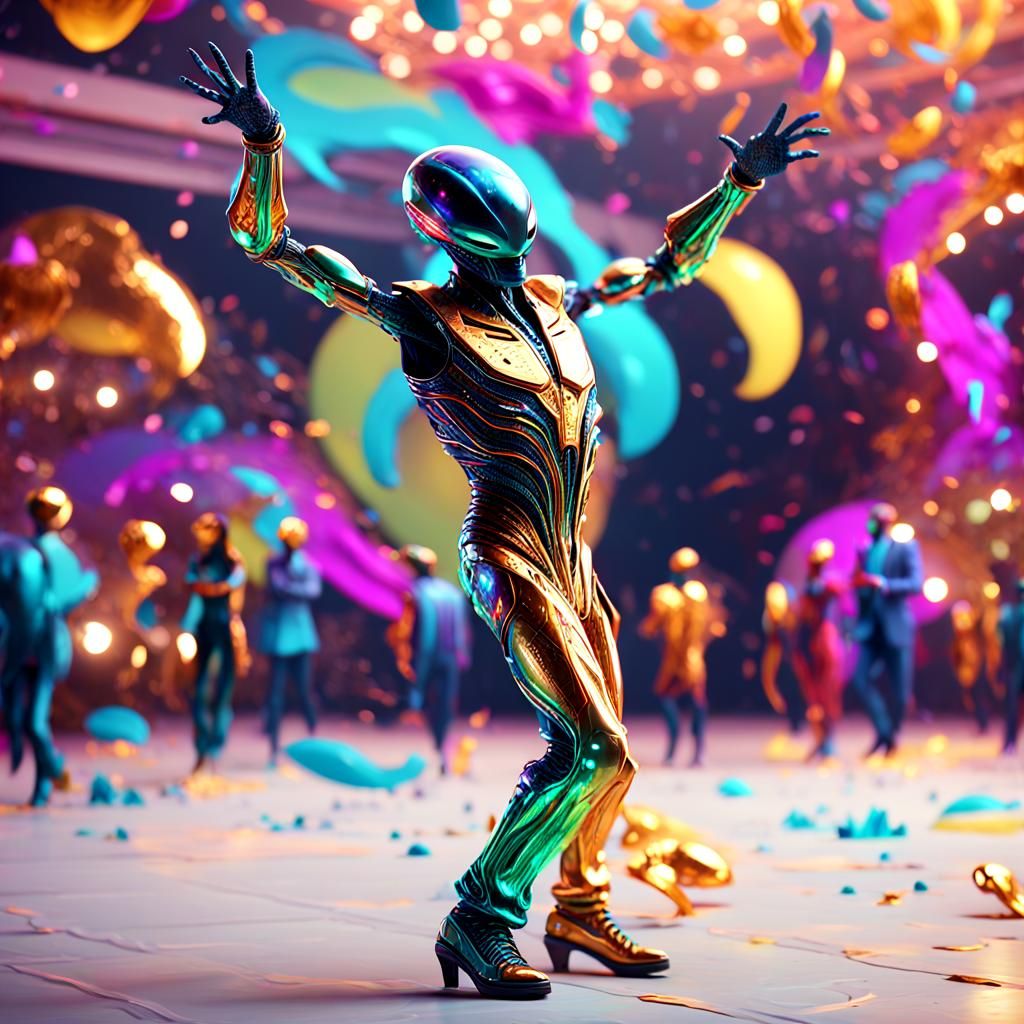 Glamorous aliens ballroom dancing intricate details, ground level shot ...