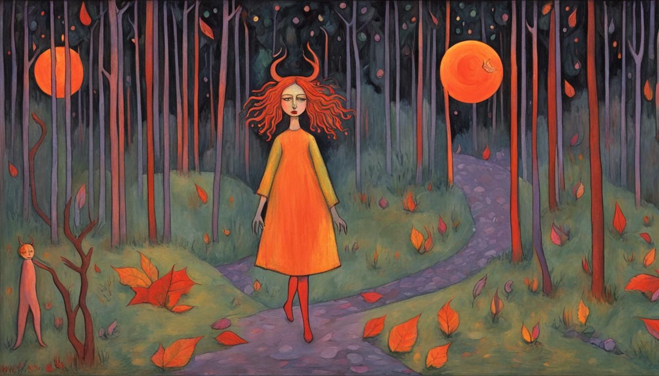 A demon girl walking out of a fire in the woods. A halo shines behind ...