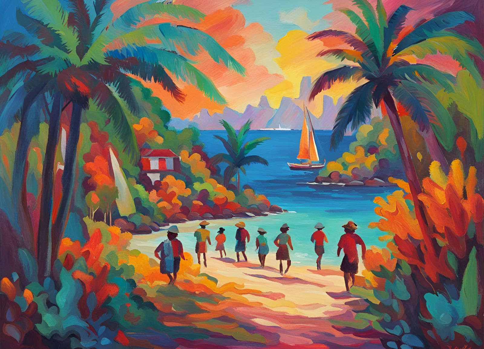 Fauvist style Impressionist painting, beautiful colorful tropical ...