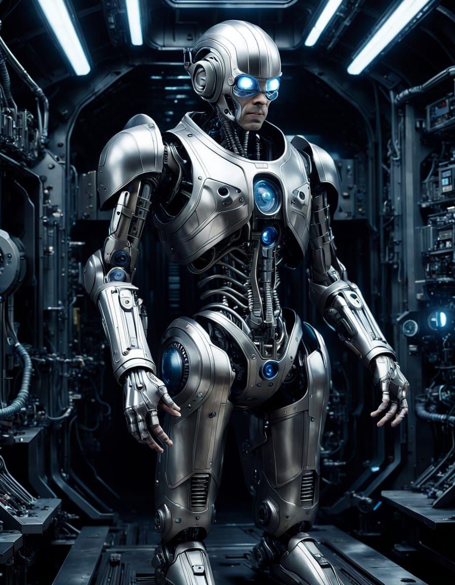 Mr. Bean as a bio-enhanced mechanical warrior. He is wearing a mech ...