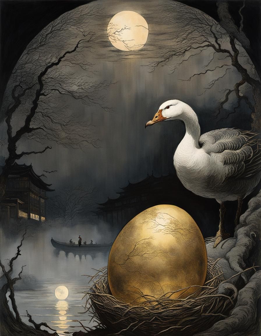 Goose watching over giant golden egg in nest, soft dark moody ...