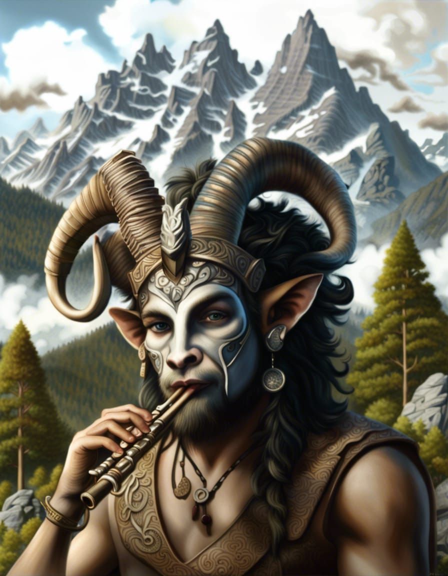 Pan, 2 horns, detailed face, playing flute, trees, mountains sky ...