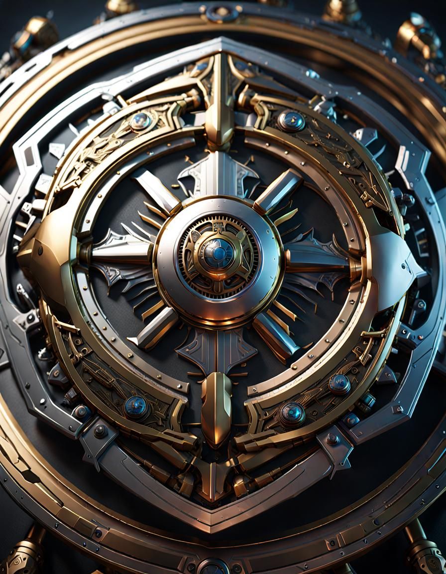 Shield for the King Arthur, intricate mech details, ground level shot ...