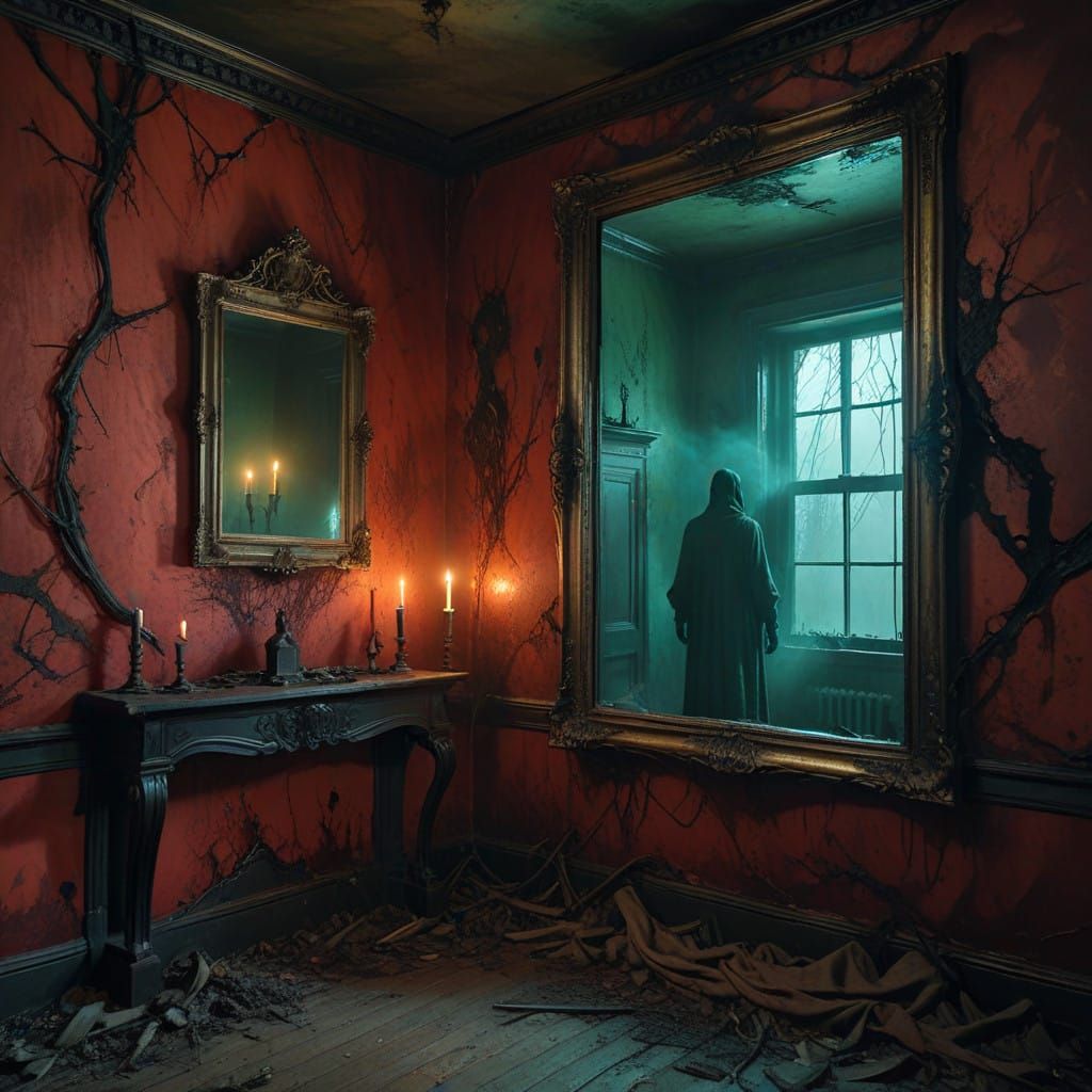 In the decrepit, Victorian mansion's depths, a ghostly, ethereal shadow ...