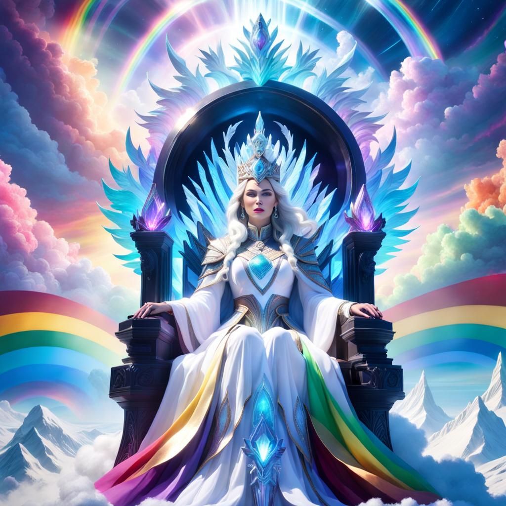 Ice Goddess in her ethereal throne, surrounded by brilliance and happy ...