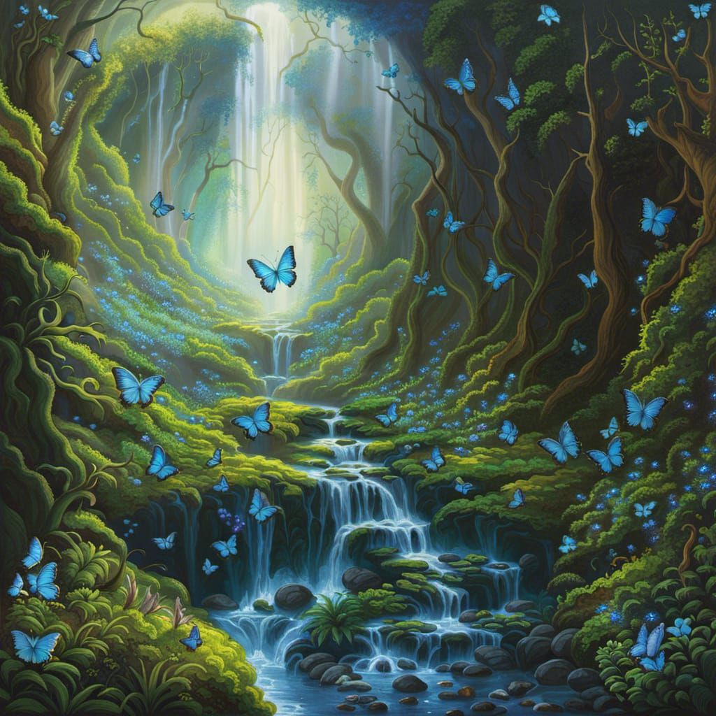 A intricate detailed insanely beautiful cave with moss, intricate blue ...