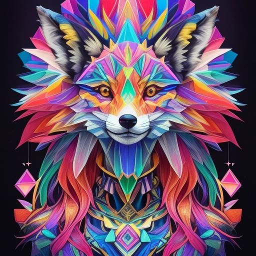 (hyper detailed cubistic art of a fox in psychedelic strong iridescent ...