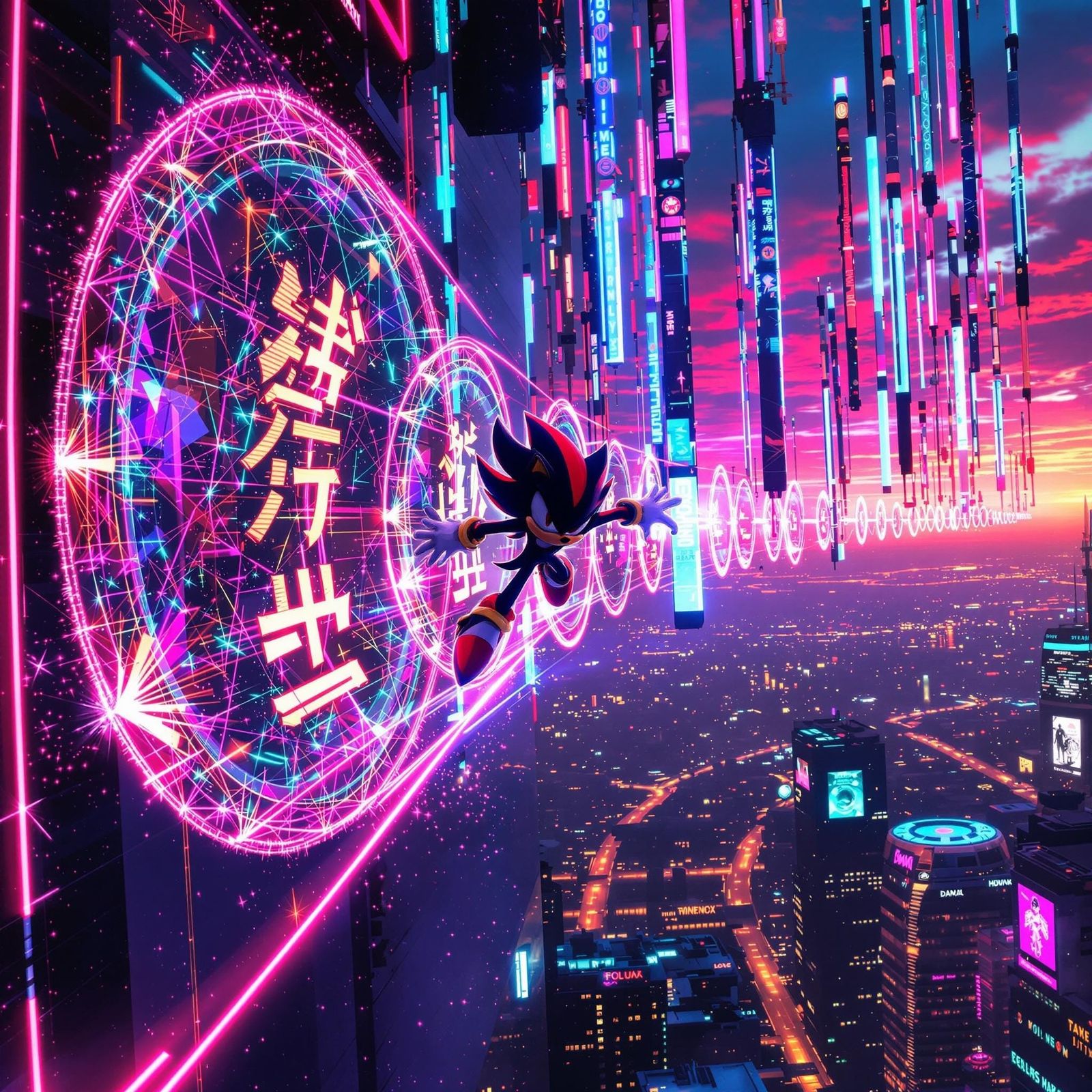 Shadow the Hedgehog in a Cyberpunk Cityscape - AI Art