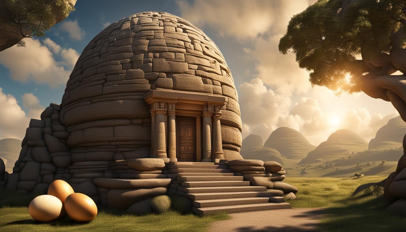 A hidden temple guarded by giant, sentient eggs, whispering riddles to ...