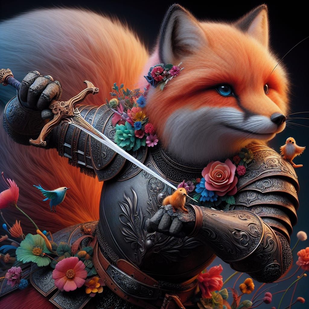Cute fox dressed in armour with a toy sword challenging his enemies ...