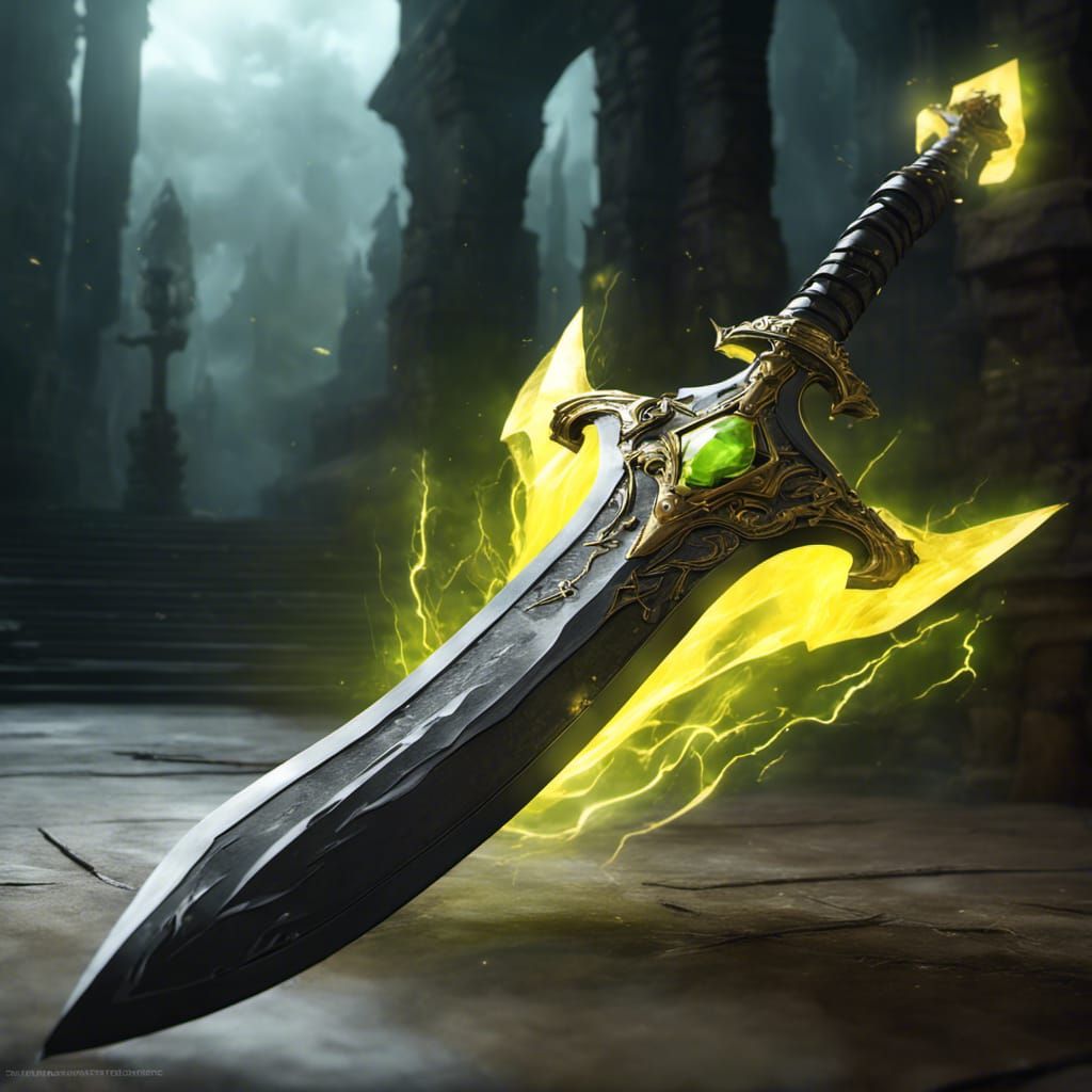 Black greatsword, huge, two hander, greenish yellow gems on the hilt ...
