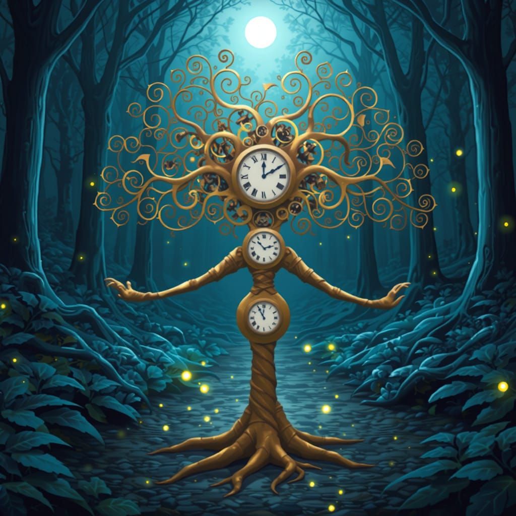 This image captures a sentient Victorian-era clockwork tree with ...