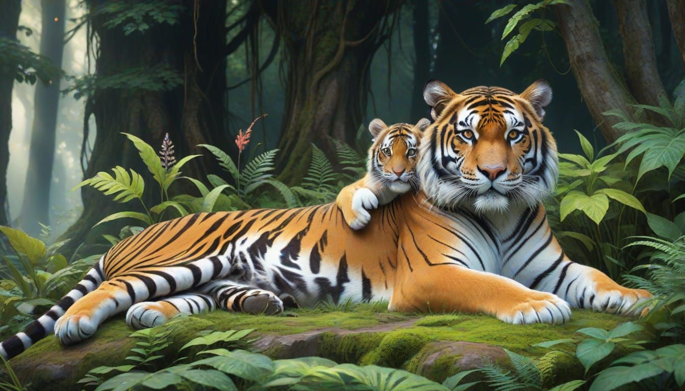 A tiger with It's cub in the forest.