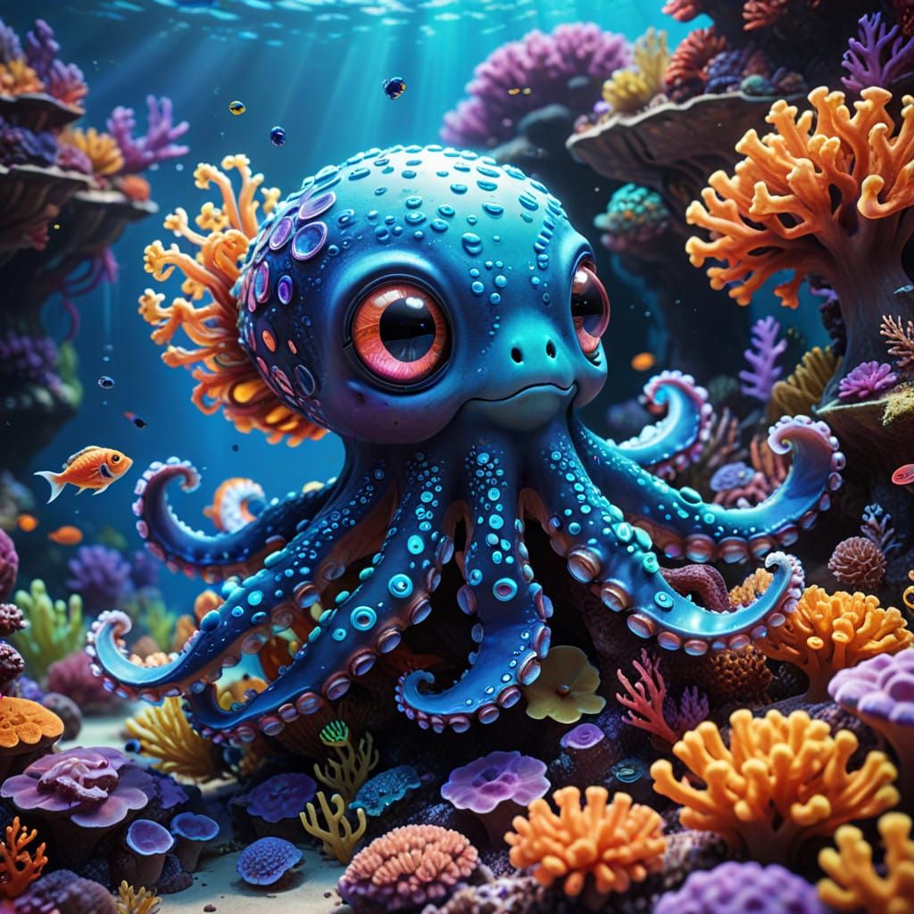 Whimsical Kawaii Octopus in Vibrant Oceanic World - AI Art