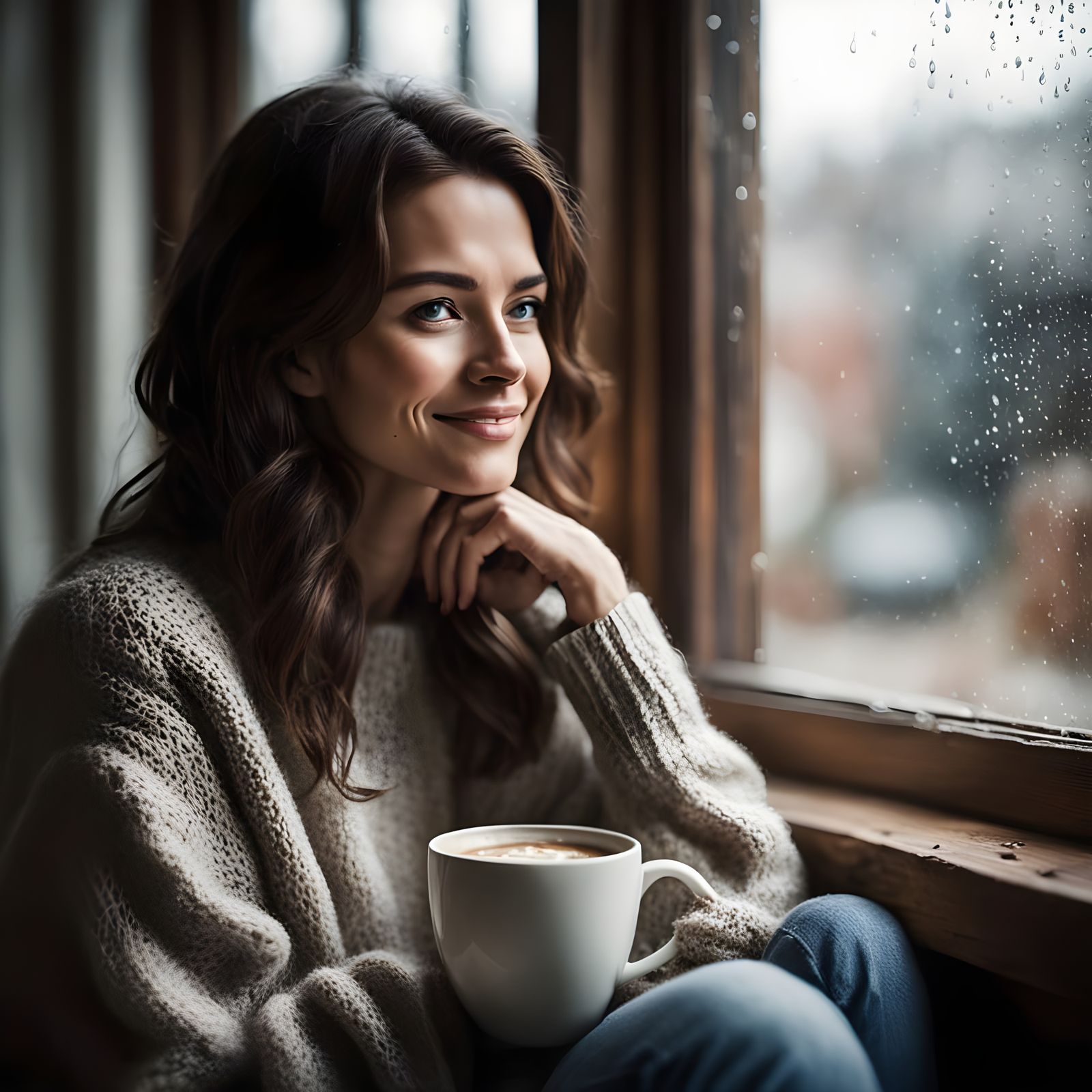 Nice Weather - Girl on Windowsill Drinking Coffee in Rainy D...