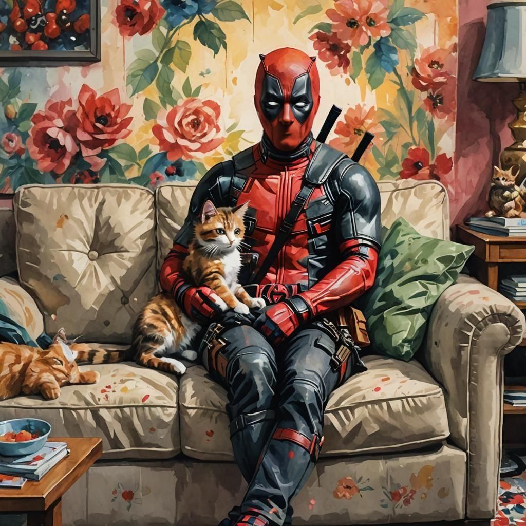 Deadpool sitting on a sofa while cuddling a kitten - AI Generated ...