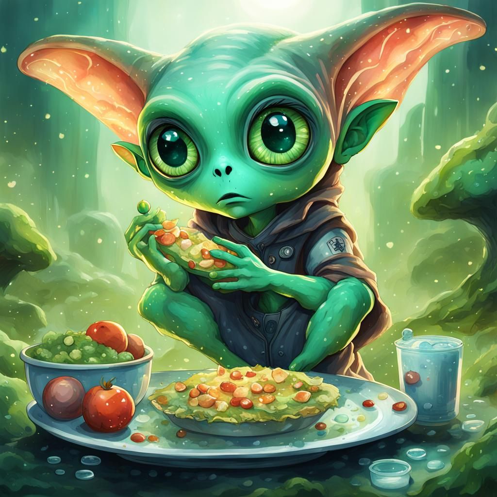 Adorable alien eating solent green, big eyes, adorable, Fantasycore ...