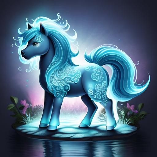 adorable cute chibi baby furry pony with a bioluminescent Waterfall in ...