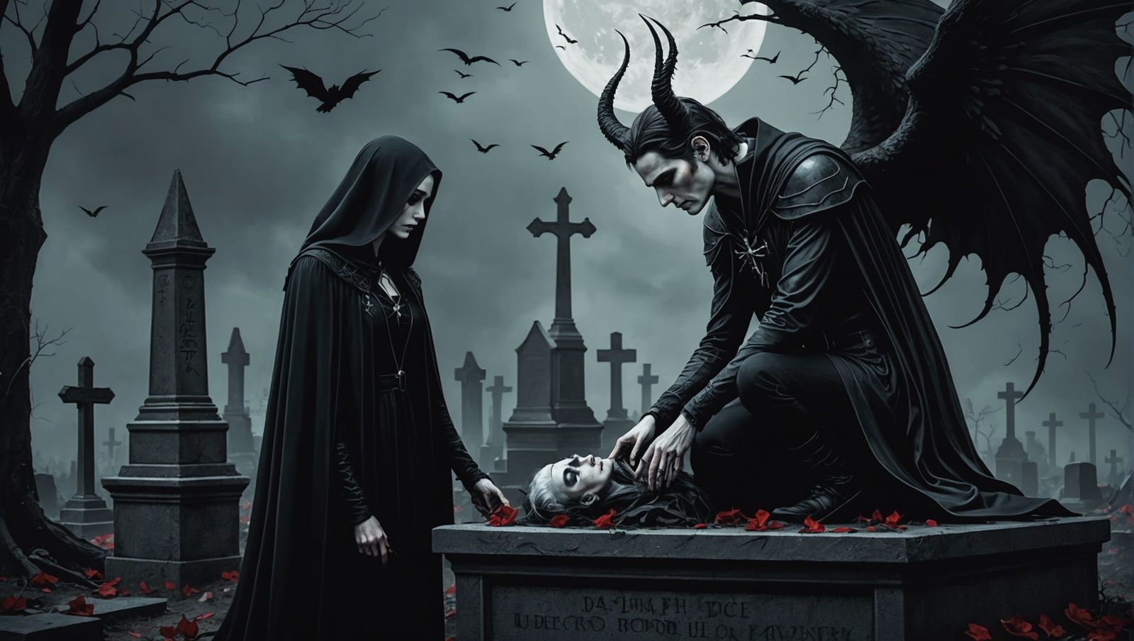 Sad gothic woman mourning for her love on her lover's grave. As Lucifer ...