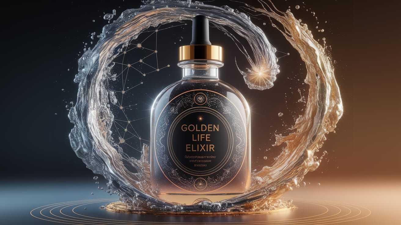 picture a shimmering bottle labeled 'Golden life Elixir'. Inside ...