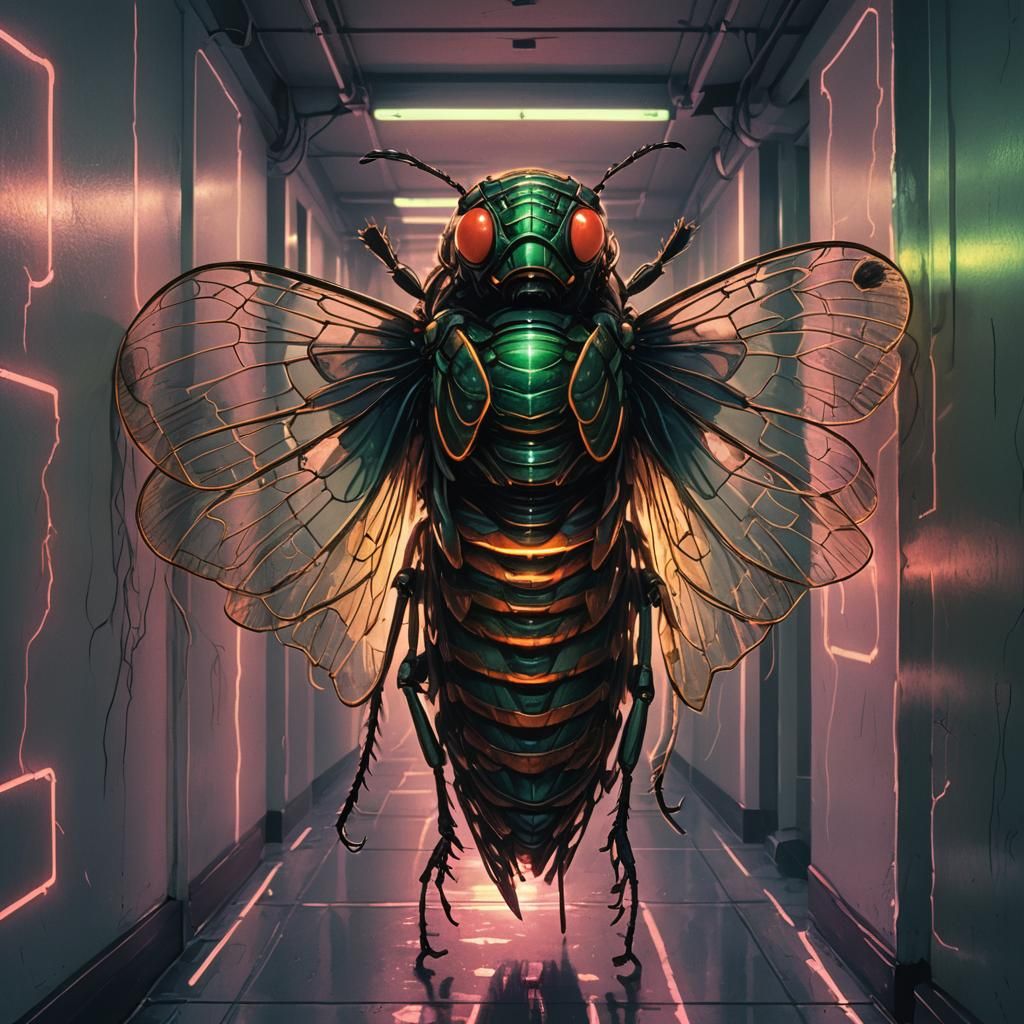 Glowing neon horror, human cicada hybrid screaming phenakistiscope ...
